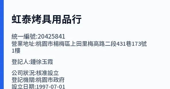 虹泰烤具用品行的照片-統編 20425841(桃園市) 公司登記資料與營業項目詳細圖表