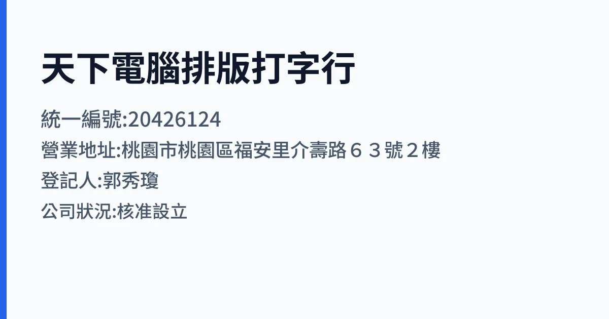 天下電腦排版打字行 - 統編 20426124(桃園市) 公司登記資料與營業項目詳細圖表