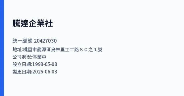 騰達企業社的照片-統編 20427030(桃園市) 公司登記資料與營業項目詳細圖表