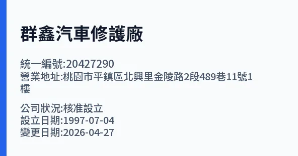 群鑫汽車修護廠的照片-統編 20427290(桃園市) 公司登記資料與營業項目詳細圖表