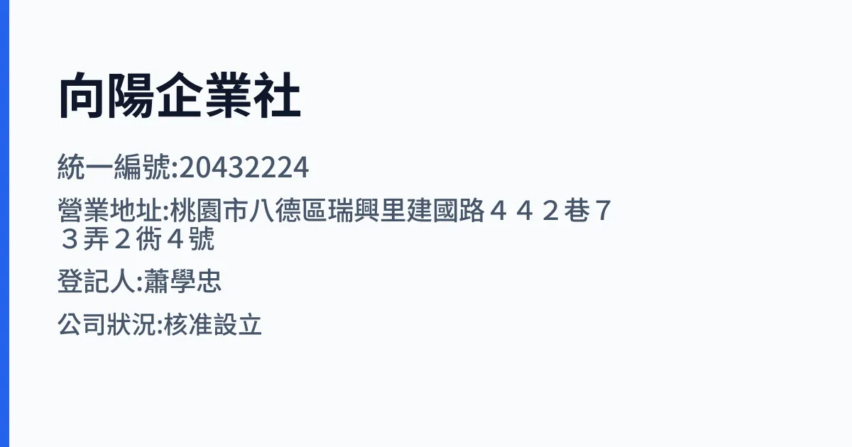 向陽企業社 - 統編 20432224(桃園市) 公司登記資料與營業項目詳細圖表