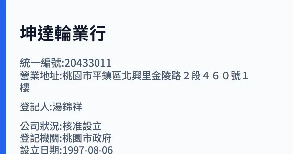 坤達輪業行的照片-統編 20433011(桃園市) 公司登記資料與營業項目詳細圖表