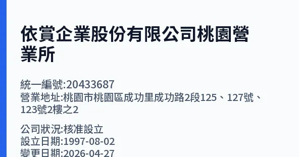 依賞企業股份有限公司桃園營業所的照片-統編 20433687(桃園市) 公司登記資料與營業項目詳細圖表