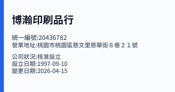 博瀚印刷品行的照片-統編 20436782(桃園市) 公司登記資料與營業項目詳細圖表