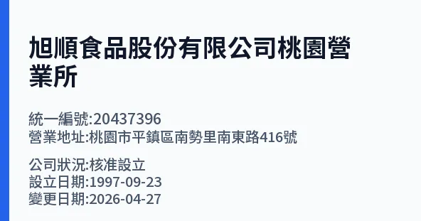 旭順食品股份有限公司桃園營業所的照片-統編 20437396(桃園市) 公司登記資料與營業項目詳細圖表