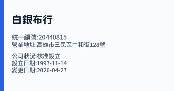 白銀布行的照片-統編 20440815(高雄市) 公司登記資料與營業項目詳細圖表
