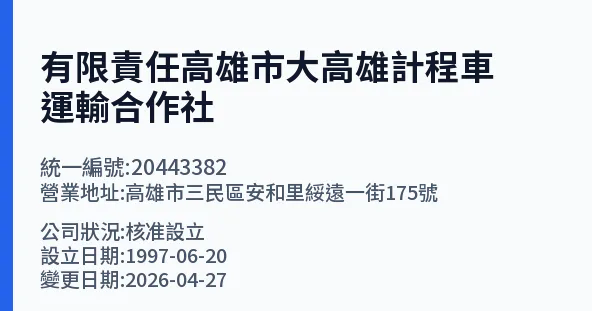 有限責任高雄市大高雄計程車運輸合作社的照片-統編 20443382(高雄市) 公司登記資料與營業項目詳細圖表