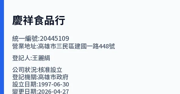 慶祥食品行的照片-統編 20445109(高雄市) 公司登記資料與營業項目詳細圖表