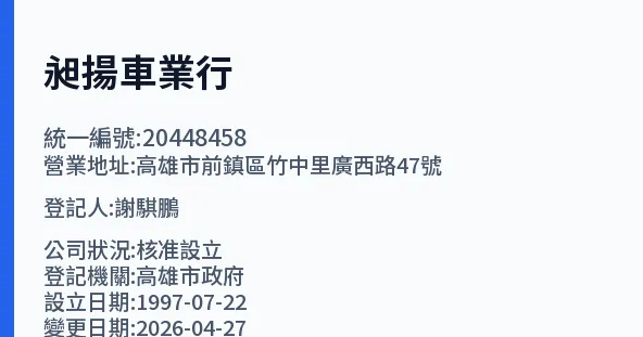 昶揚車業行的照片-統編 20448458(高雄市) 公司登記資料與營業項目詳細圖表