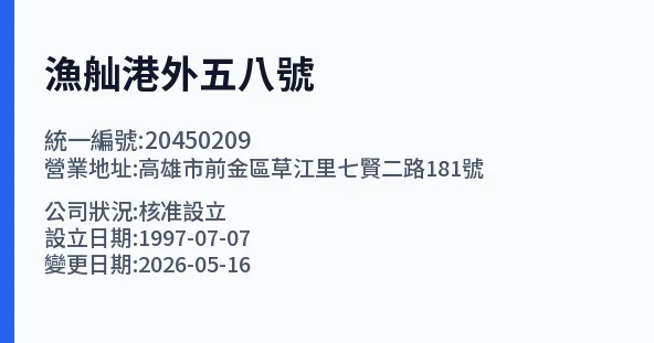 漁舢港外五八號的照片-統編 20450209(高雄市) 公司登記資料與營業項目詳細圖表