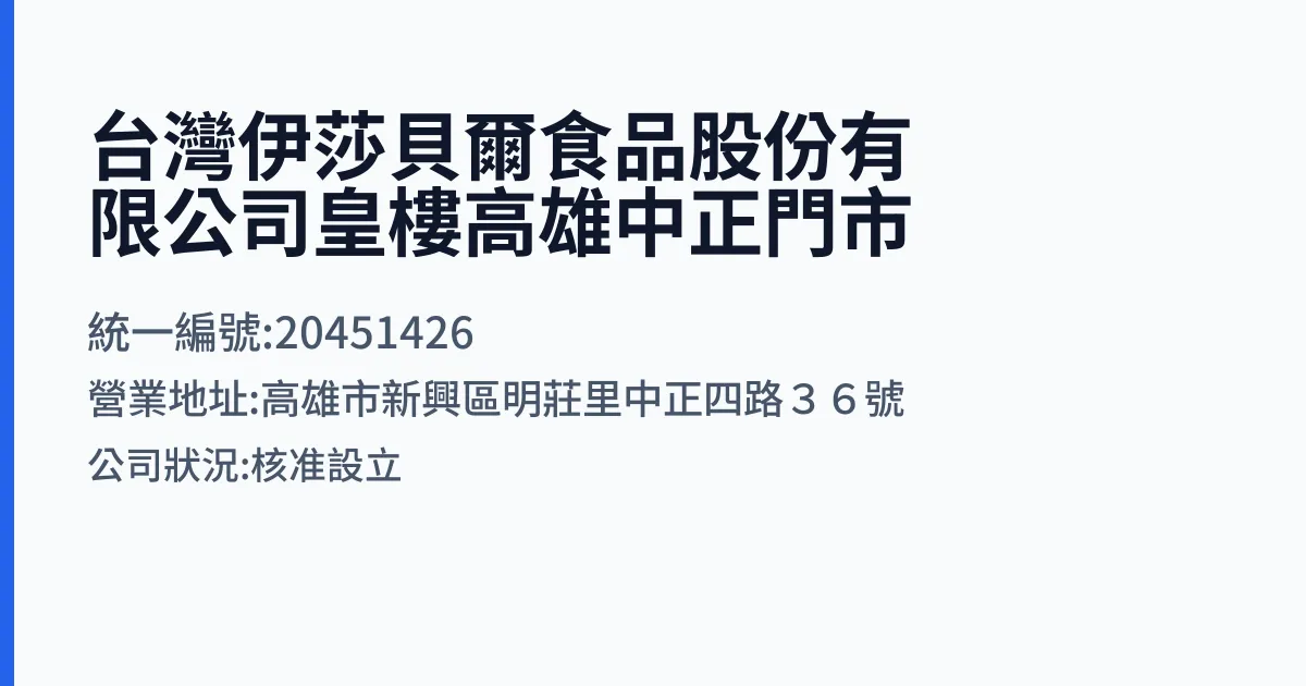 台灣伊莎貝爾食品股份有限公司皇樓高雄中正門市 - 統編 20451426(高雄市) 公司登記資料與營業項目詳細圖表