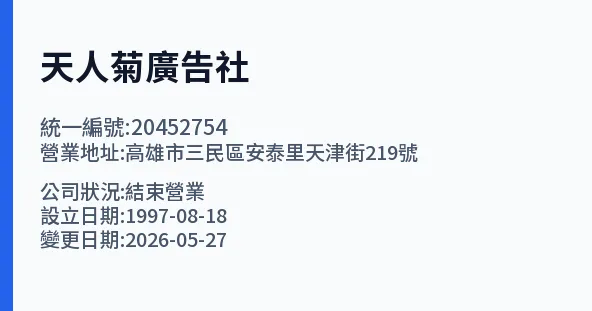 天人菊廣告社的照片-統編 20452754(高雄市) 公司登記資料與營業項目詳細圖表