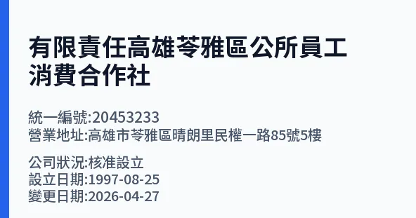 有限責任高雄苓雅區公所員工消費合作社的照片-統編 20453233(高雄市) 公司登記資料與營業項目詳細圖表