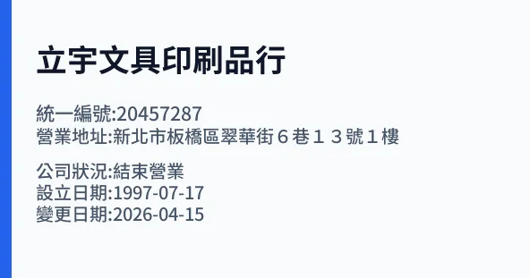 立宇文具印刷品行的照片-統編 20457287(新北市) 公司登記資料與營業項目詳細圖表