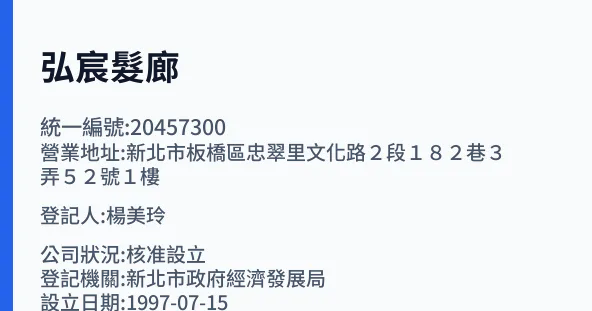 弘宸髮廊的照片-統編 20457300(新北市) 公司登記資料與營業項目詳細圖表