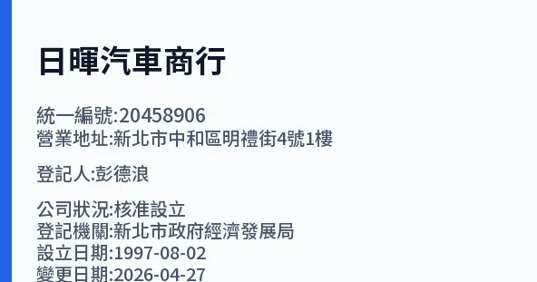 日暉汽車商行的照片-統編 20458906(新北市) 公司登記資料與營業項目詳細圖表