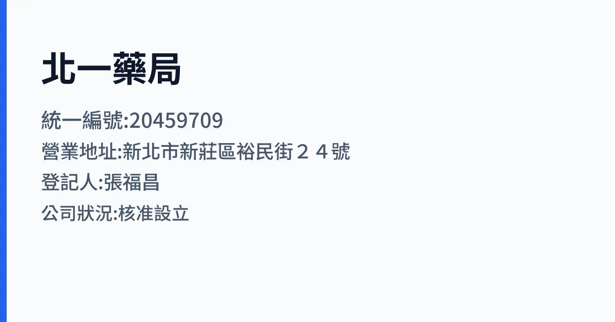 北一藥局 - 統編 20459709(新北市) 公司登記資料與營業項目詳細圖表