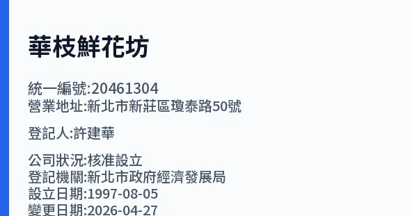 華枝鮮花坊的照片-統編 20461304(新北市) 公司登記資料與營業項目詳細圖表