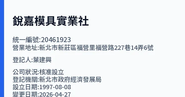 銳嘉模具實業社的照片-統編 20461923(新北市) 公司登記資料與營業項目詳細圖表