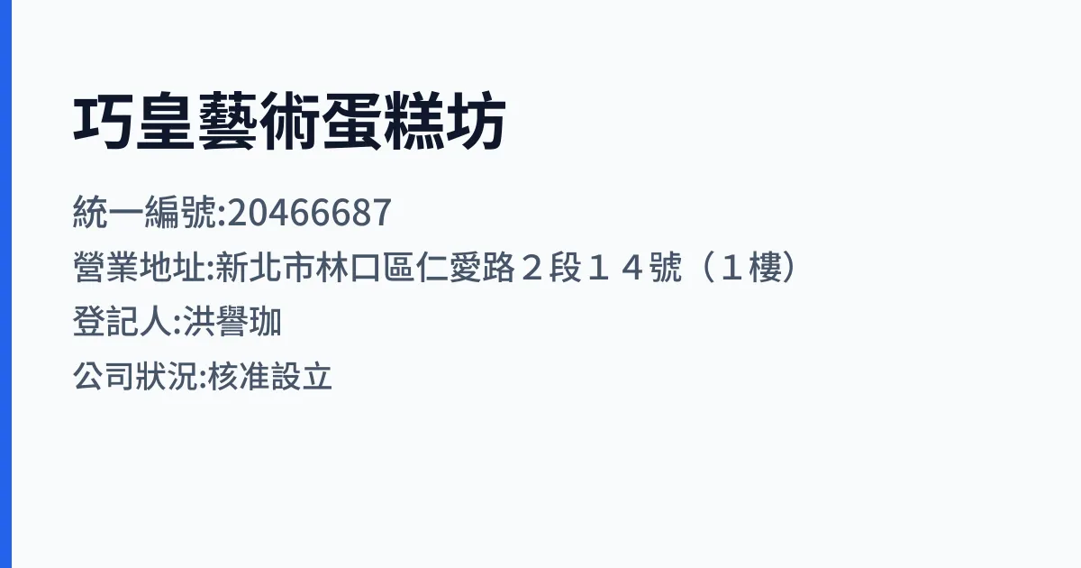 巧皇藝術蛋糕坊 - 統編 20466687(新北市) 公司登記資料與營業項目詳細圖表