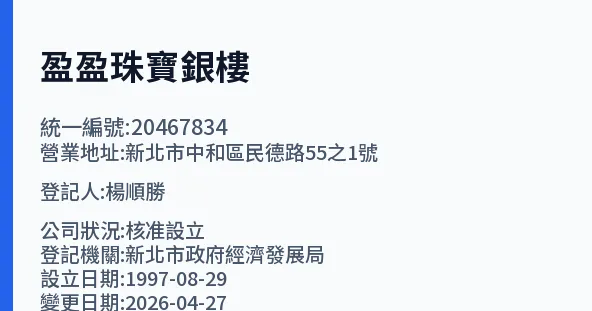 盈盈珠寶銀樓的照片-統編 20467834(新北市) 公司登記資料與營業項目詳細圖表