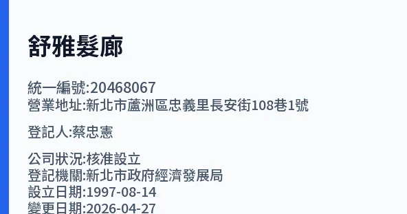 舒雅髮廊的照片-統編 20468067(新北市) 公司登記資料與營業項目詳細圖表
