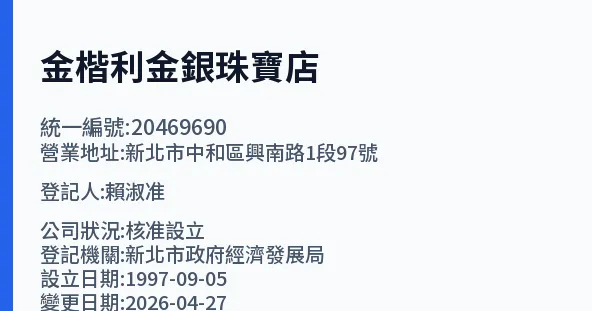 金楷利金銀珠寶店的照片-統編 20469690(新北市) 公司登記資料與營業項目詳細圖表