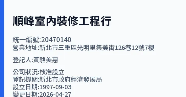 順峰室內裝修工程行的照片-統編 20470140(新北市) 公司登記資料與營業項目詳細圖表