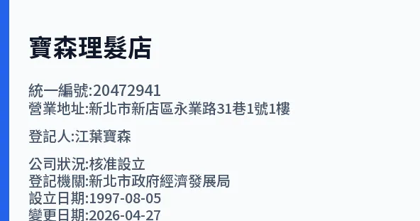 寶森理髮店的照片-統編 20472941(新北市) 公司登記資料與營業項目詳細圖表