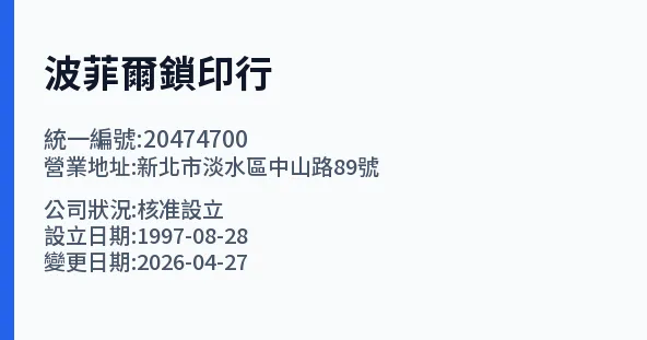 波菲爾鎖印行的照片-統編 20474700(新北市) 公司登記資料與營業項目詳細圖表