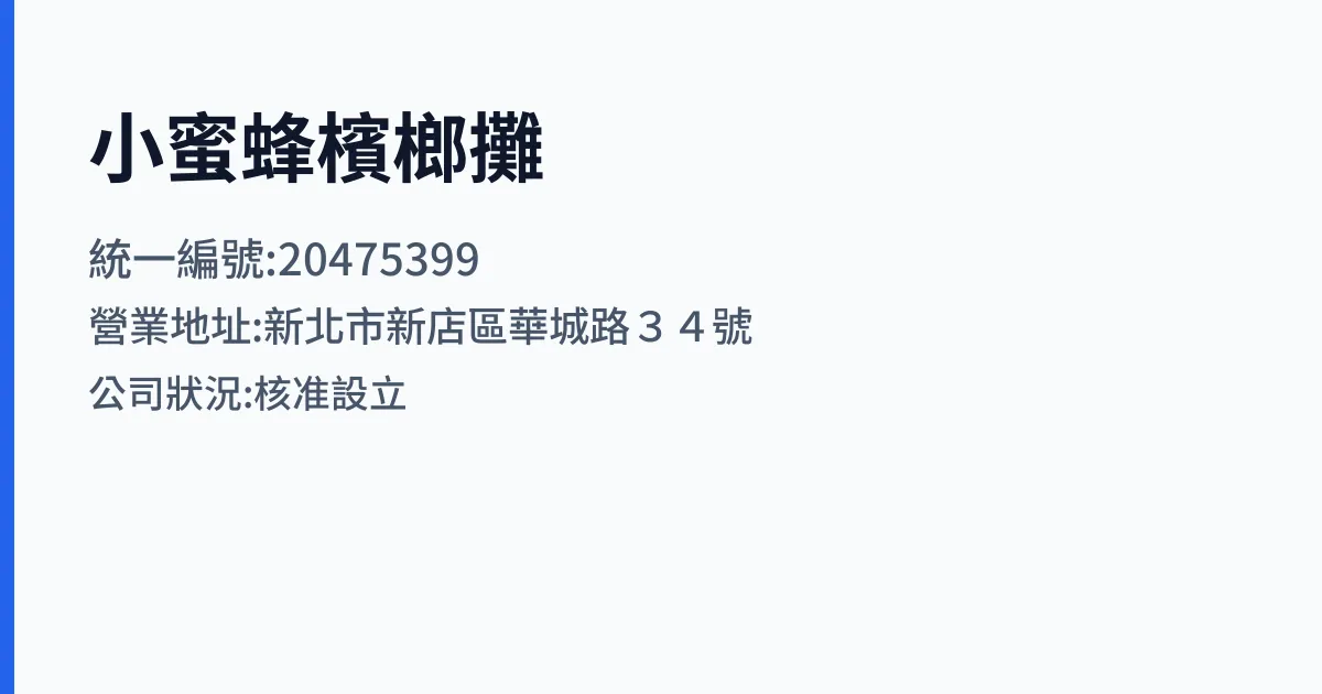 小蜜蜂檳榔攤 - 統編 20475399(新北市) 公司登記資料與營業項目詳細圖表