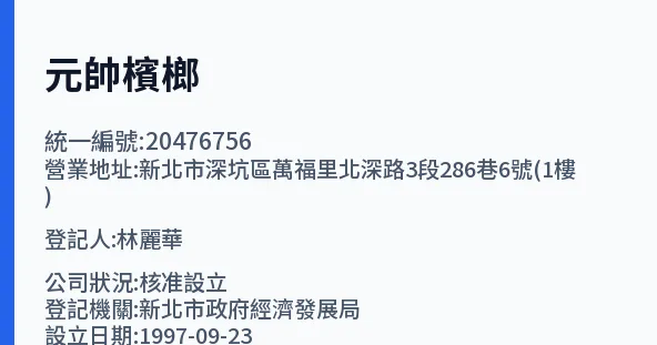 元帥檳榔的照片-統編 20476756(新北市) 公司登記資料與營業項目詳細圖表