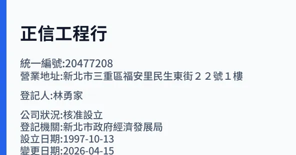 正信工程行的照片-統編 20477208(新北市) 公司登記資料與營業項目詳細圖表