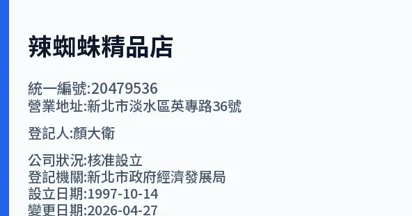辣蜘蛛精品店的照片-統編 20479536(新北市) 公司登記資料與營業項目詳細圖表