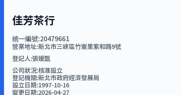 佳芳茶行的照片-統編 20479661(新北市) 公司登記資料與營業項目詳細圖表