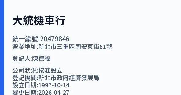 大統機車行的照片-統編 20479846(新北市) 公司登記資料與營業項目詳細圖表
