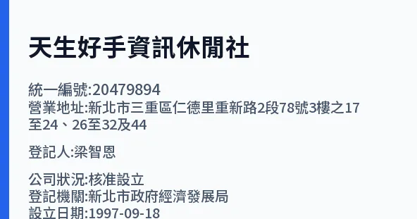 天生好手資訊休閒社的照片-統編 20479894(新北市) 公司登記資料與營業項目詳細圖表