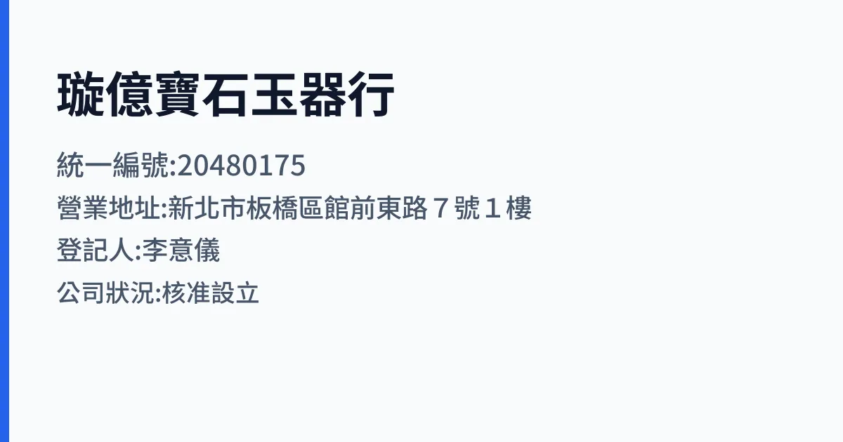 璇億寶石玉器行 - 統編 20480175(新北市) 公司登記資料與營業項目詳細圖表