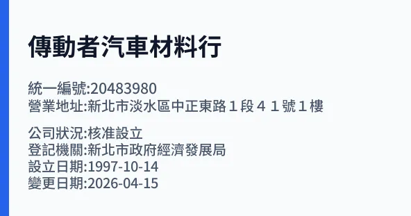 傳動者汽車材料行的照片-統編 20483980(新北市) 公司登記資料與營業項目詳細圖表