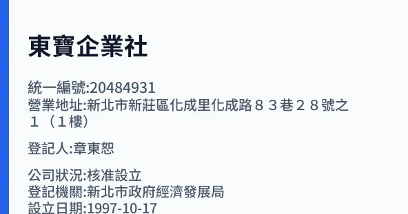 東寶企業社的照片-統編 20484931(新北市) 公司登記資料與營業項目詳細圖表