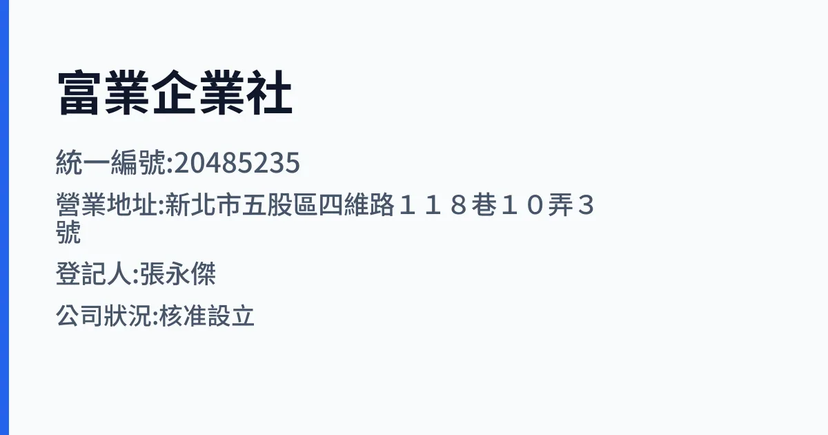 富業企業社 - 統編 20485235(新北市) 公司登記資料與營業項目詳細圖表
