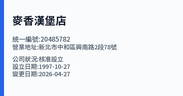麥香漢堡店的照片-統編 20485782(新北市) 公司登記資料與營業項目詳細圖表