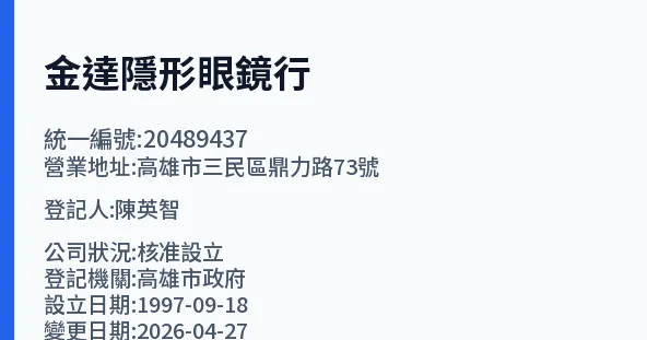 金達隱形眼鏡行的照片-統編 20489437(高雄市) 公司登記資料與營業項目詳細圖表