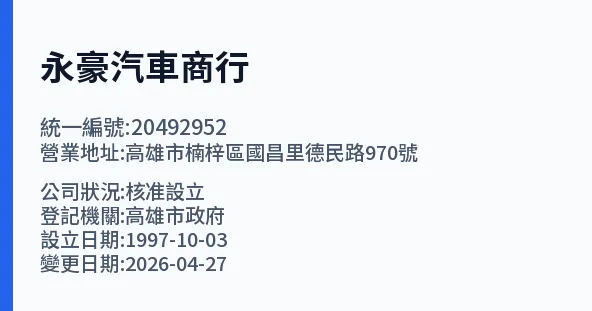 永豪汽車商行的照片-統編 20492952(高雄市) 公司登記資料與營業項目詳細圖表