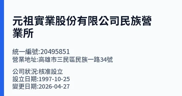 元祖實業股份有限公司民族營業所的照片-統編 20495851(高雄市) 公司登記資料與營業項目詳細圖表