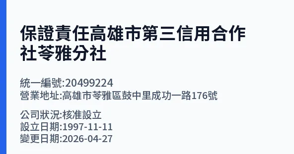 保證責任高雄市第三信用合作社苓雅分社的照片-統編 20499224(高雄市) 公司登記資料與營業項目詳細圖表