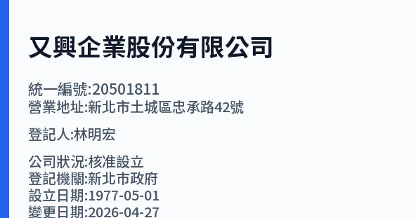 又興企業股份有限公司的照片-統編 20501811(新北市) 公司登記資料與營業項目詳細圖表