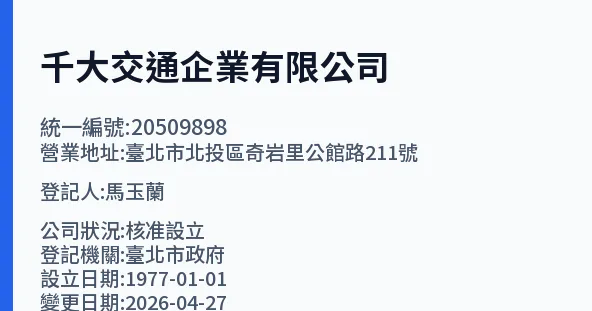 千大交通企業有限公司的照片-統編 20509898(臺北市) 公司登記資料與營業項目詳細圖表