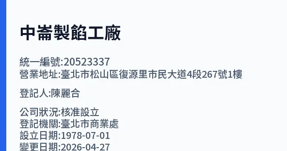 中崙製餡工廠的照片-統編 20523337(臺北市) 公司登記資料與營業項目詳細圖表