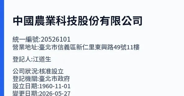 中國農業科技股份有限公司的照片-統編 20526101(臺北市) 公司登記資料與營業項目詳細圖表